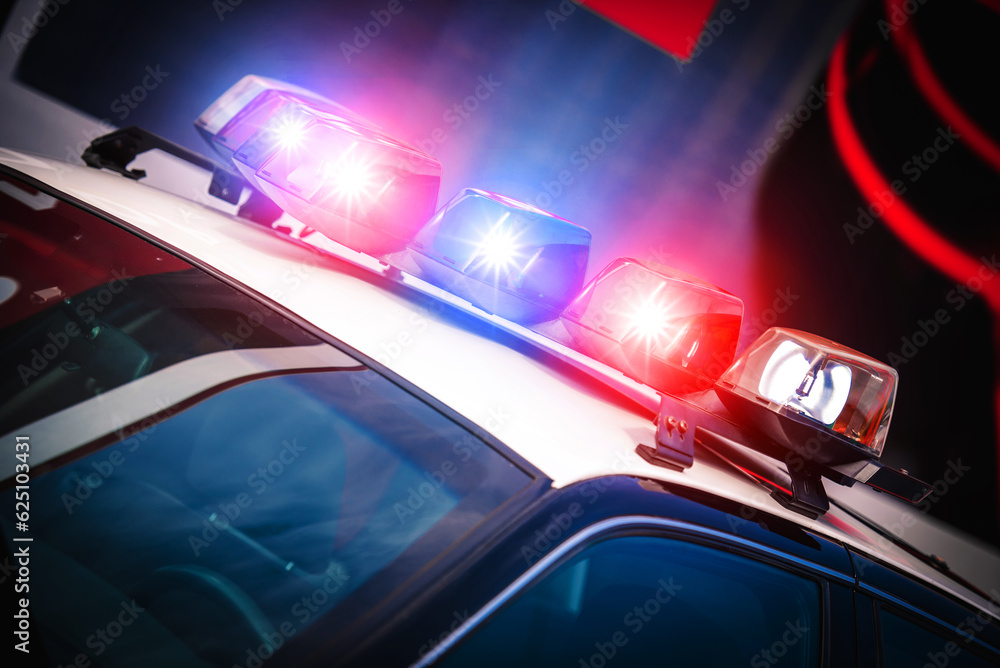 Flashing police lights at the scene of an accident or murder. Stock ...