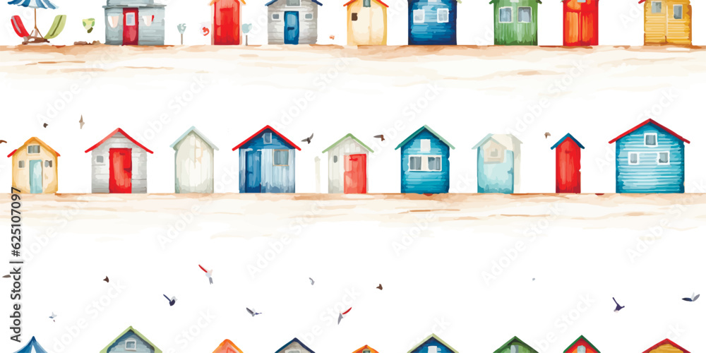 Colored beach huts with seagulls and beautiful decoration design ...
