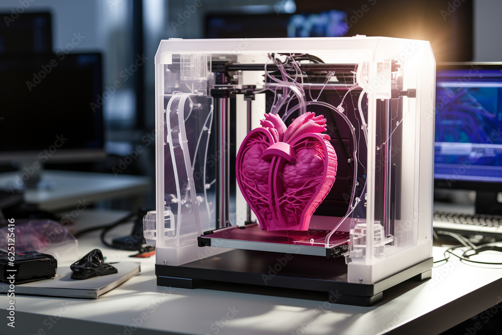 A picture of a 3D printer crafting a detailed model of a human organ ...