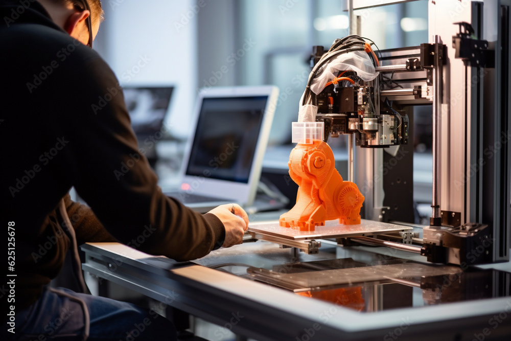 A photo of a 3D printer printing a prosthetic limb, demonstrating the ...
