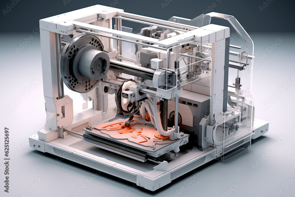 An illustration of a 3D printer producing a complex mechanical part ...