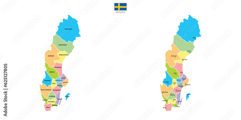 Two Sweden maps background with regions, region names and cities in ...