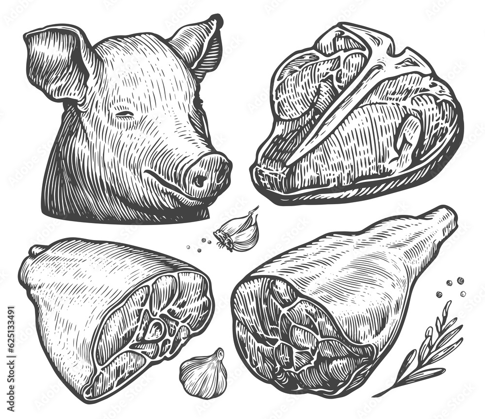 Set of farm meat cuts. Beef steak, ham, bacon, pig head. Food concept ...