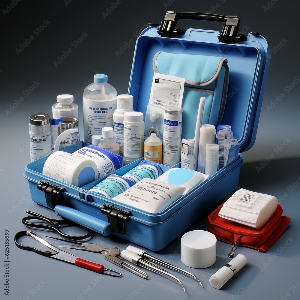 Medical first aid kit, white and blue, blind box, blender, 3D rendering ...
