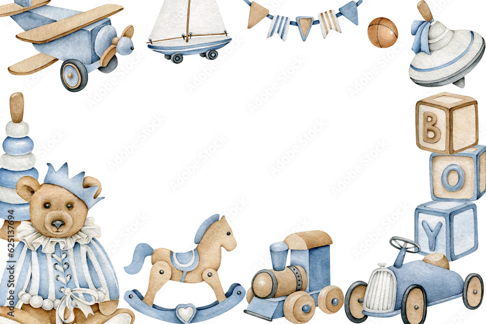 Baby frame with toys.Childish background.Kids border.horizontal flyer ...