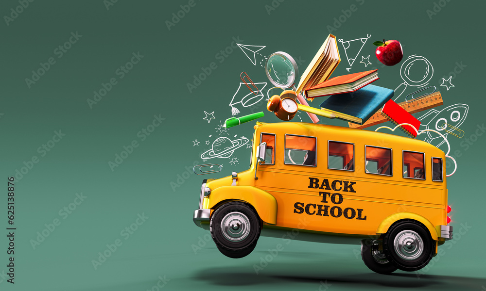 Back to school banner. Funny School bus with books and accessory on ...