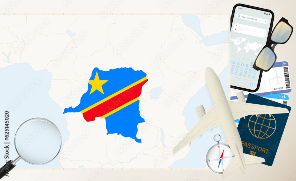 DR Congo map and flag, cargo plane on the detailed map of DR Congo with ...