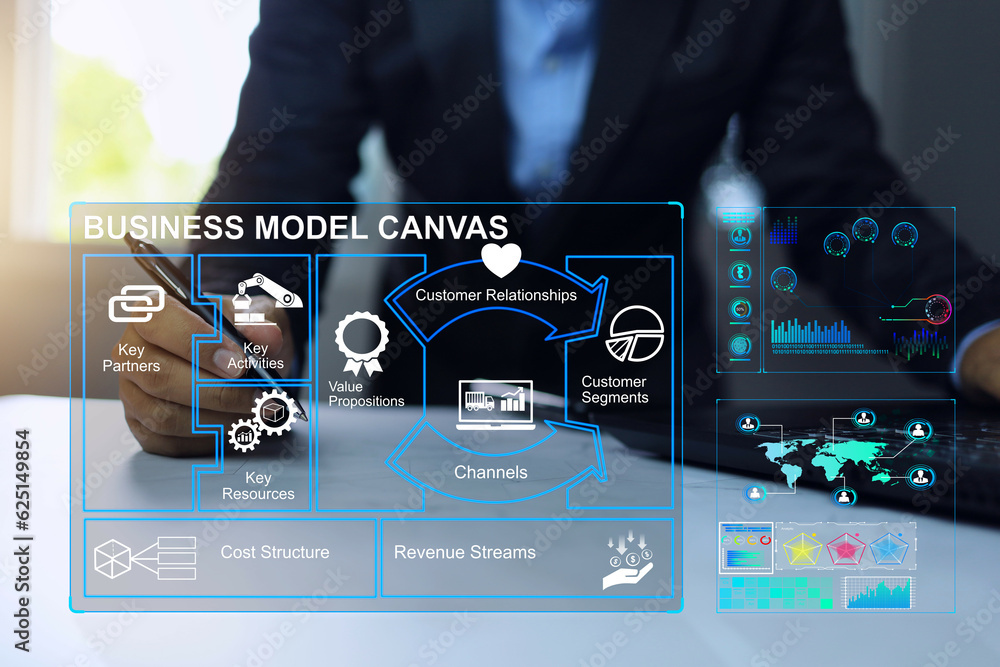 Businessman working wiht business model canvas chart diagram and plan ...