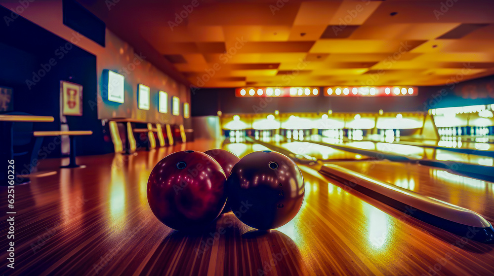 Two bowling balls sitting on top of wooden bowling ball alley filled ...