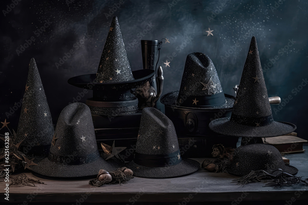 Collection Of Witch Hats In Various Sizes And Styles Against Starry ...