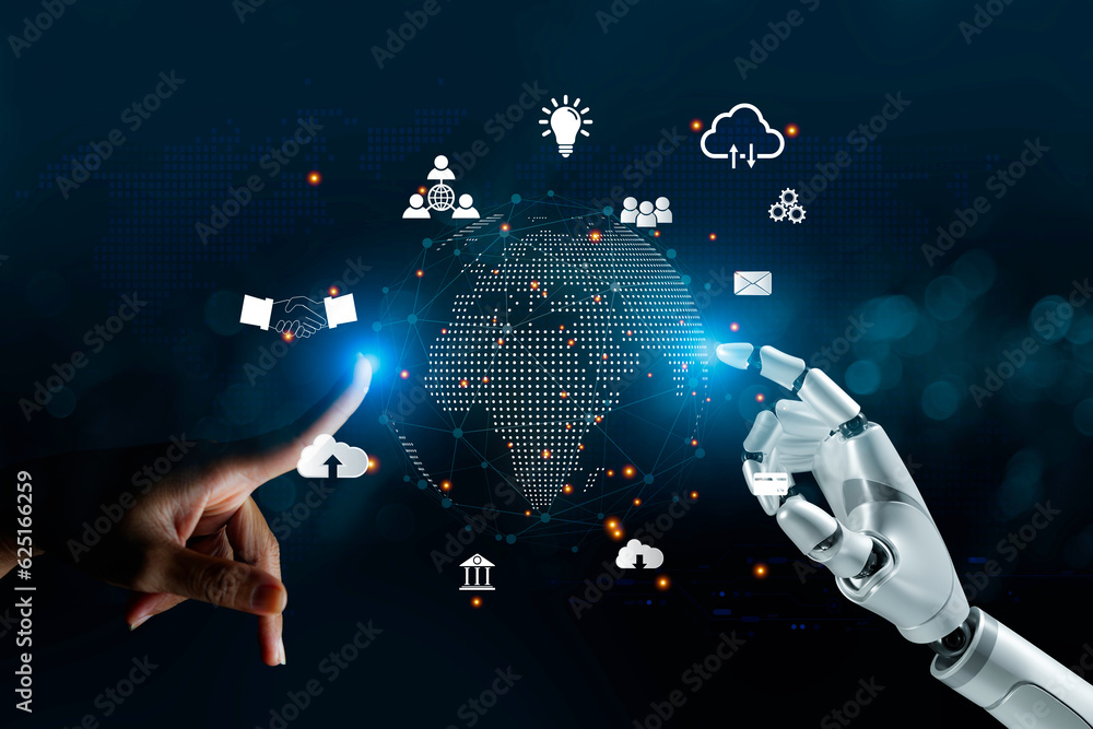 AI,Machine learning language, Robotic hand and human touch global ...