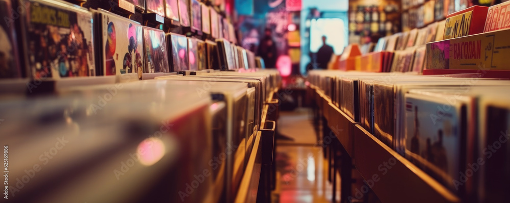 Inside an old record or vinyl shop. A music store with 1970s feel ...