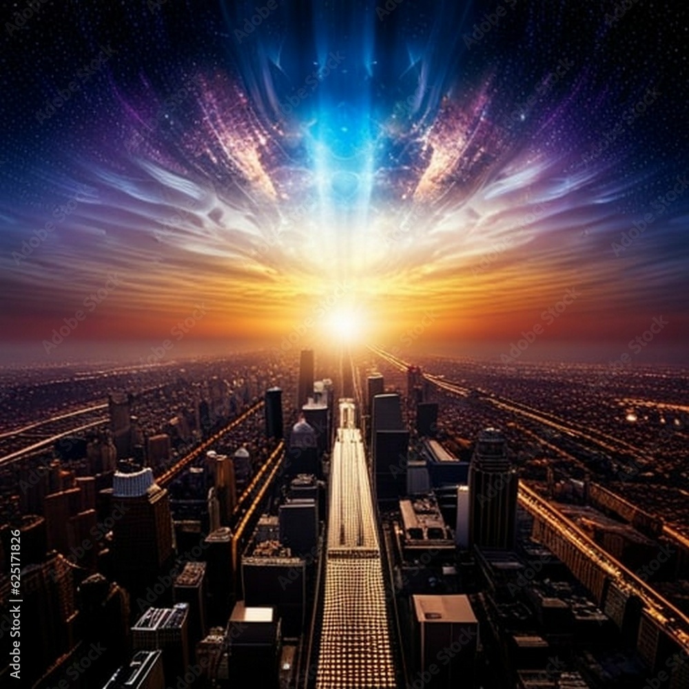 the night sky over the city with a stunning glow and magical gas clouds ...