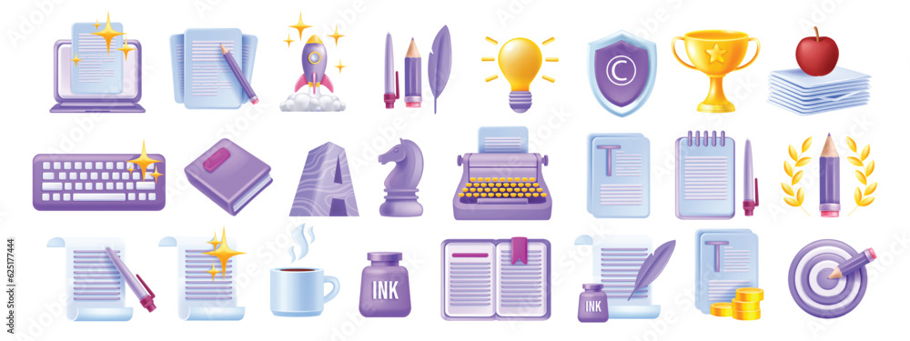 3D write author icon set, vector laptop article, creative story content ...