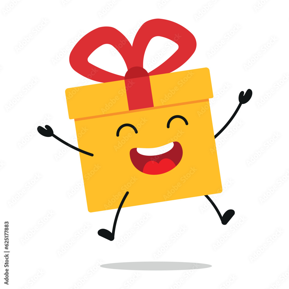 Cute happy gift box character. Funny celebration jump gift box cartoon ...
