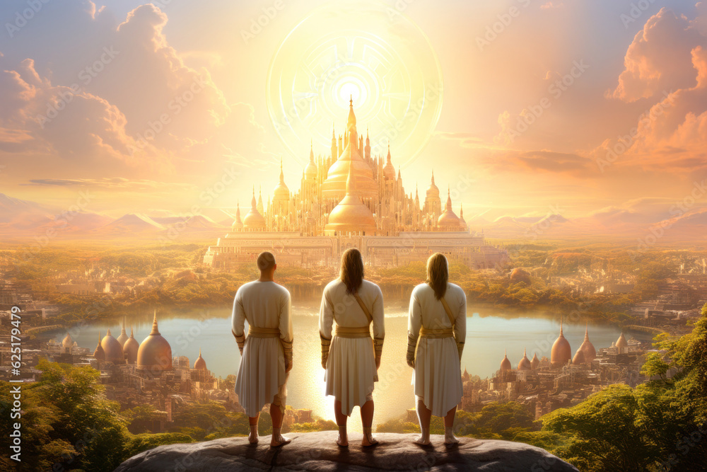 Three angels contemplating the holy city the New Jerusalem in the ...