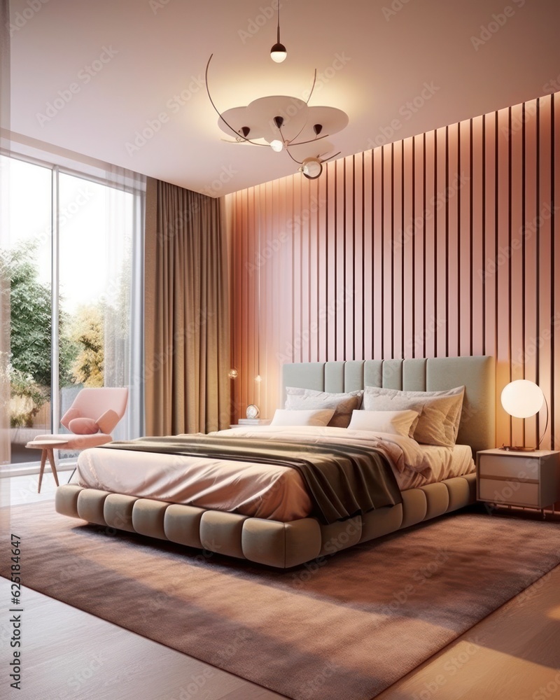 Modern chic interior design bedroom. Sleek design and comfortable bed ...