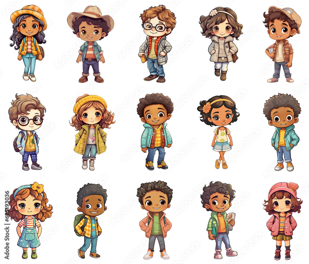 Collection of cute happy cartoon little kids, isolated characters ...