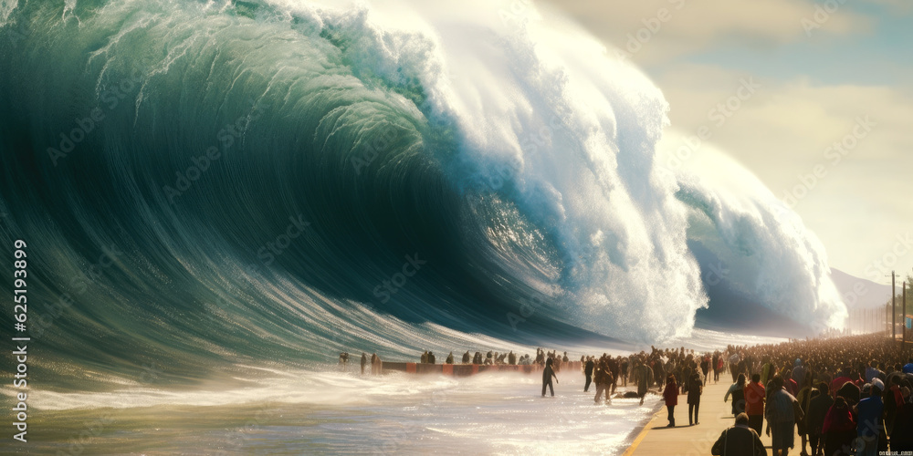 Enormous tsunami waves, disaster about to happen, with people at the ...