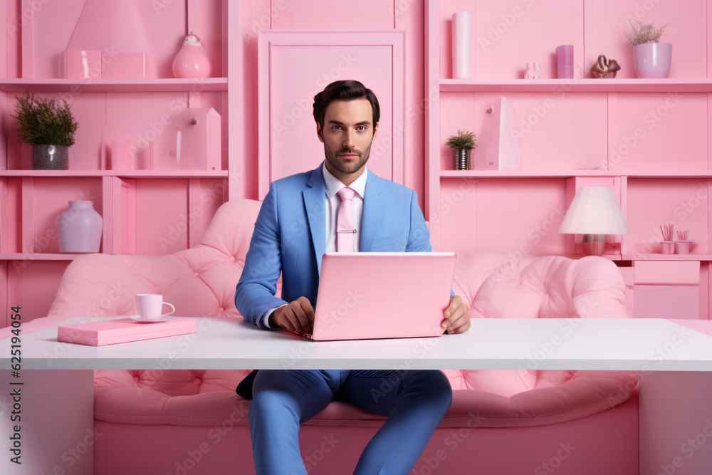 Young beautiful man dressed in blue suit sitting in front laptop and ...