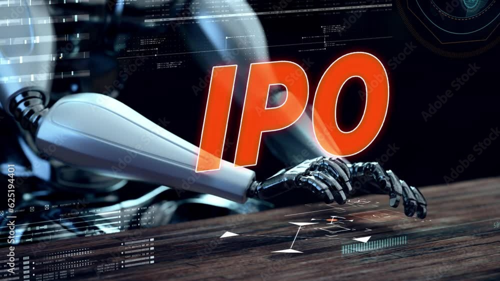 IPO type / text animated and integrated into a 3d scene of a AI robot ...