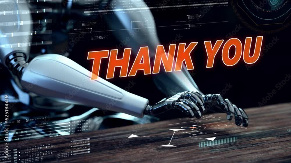 Thank you type / text animated and integrated into a 3d scene of a AI ...