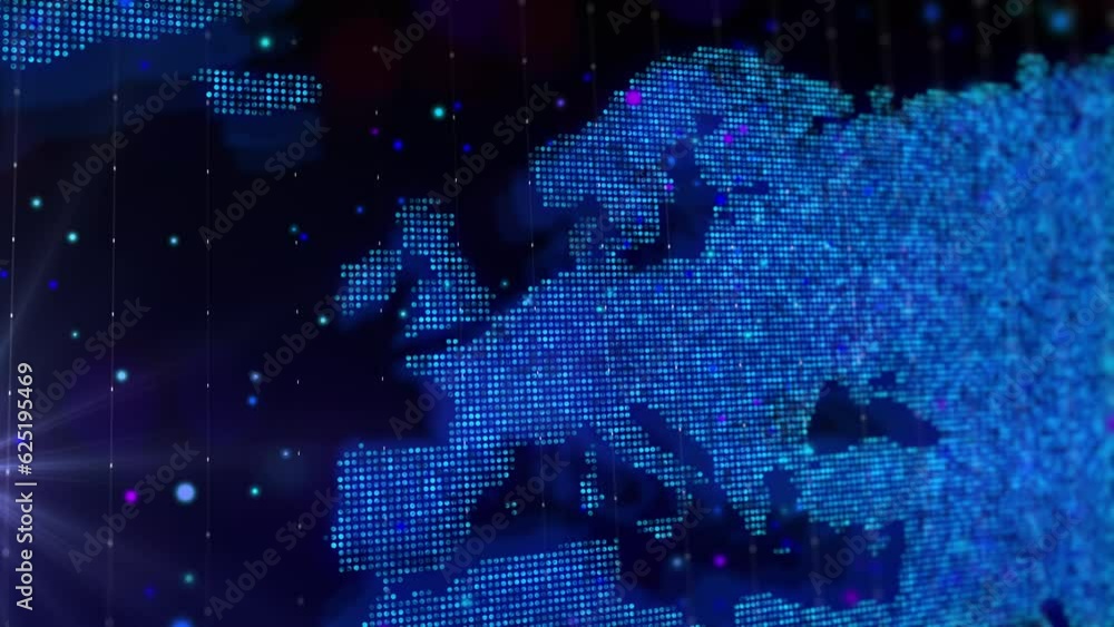 Digital map of Europe in the form of a bright glowing particle ...