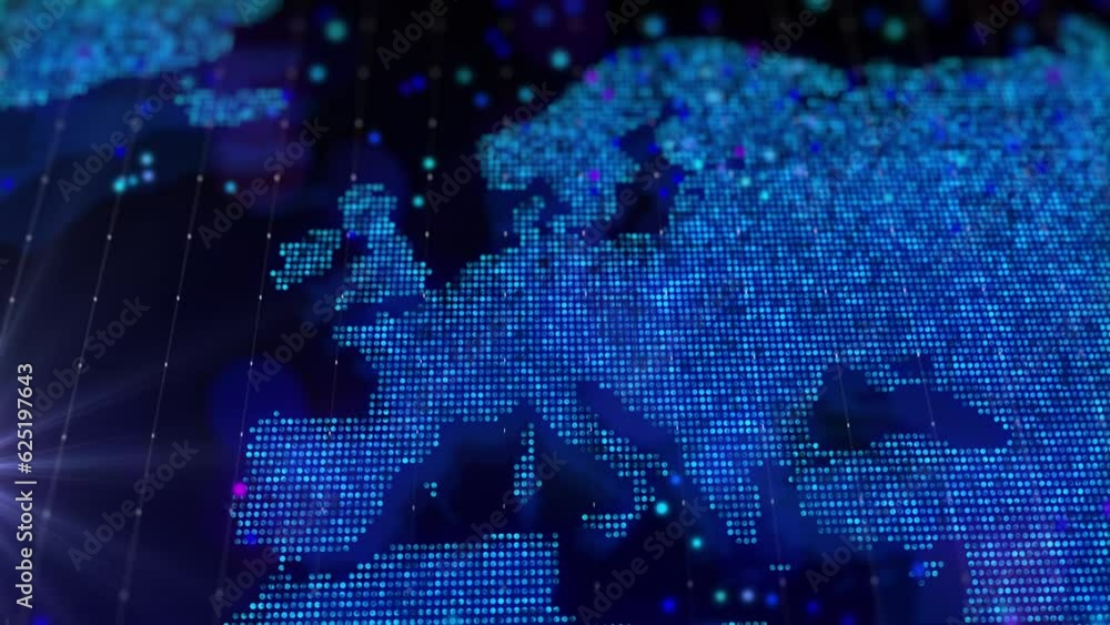Digital map of Europe in the form of a bright glowing particle ...