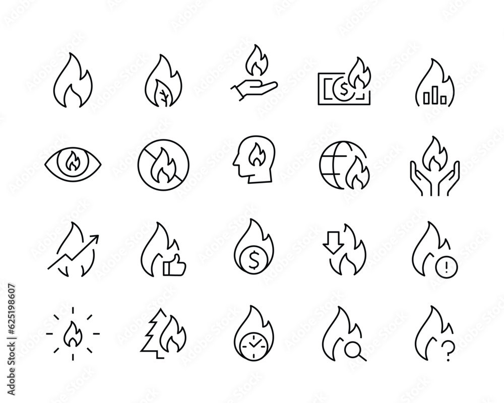 fire flame icon set line set, editable stroke isolated on white, icon ...