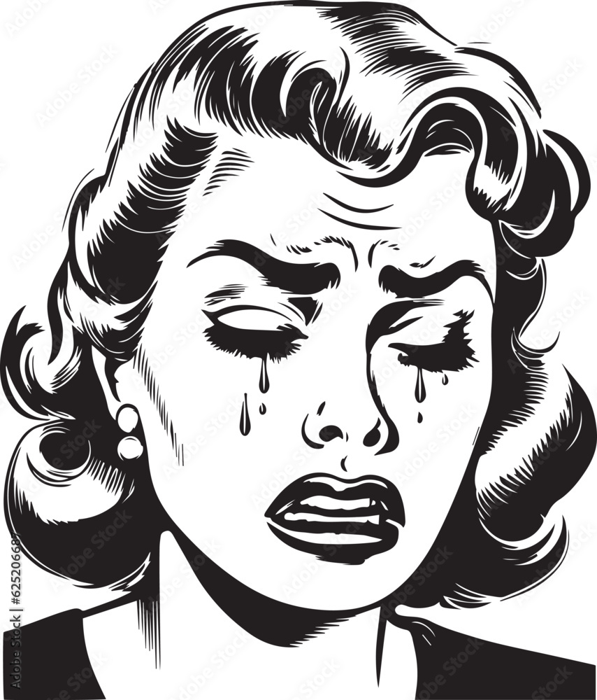 Vintage woman crying 60s style young woman. Retro comics woman head ...