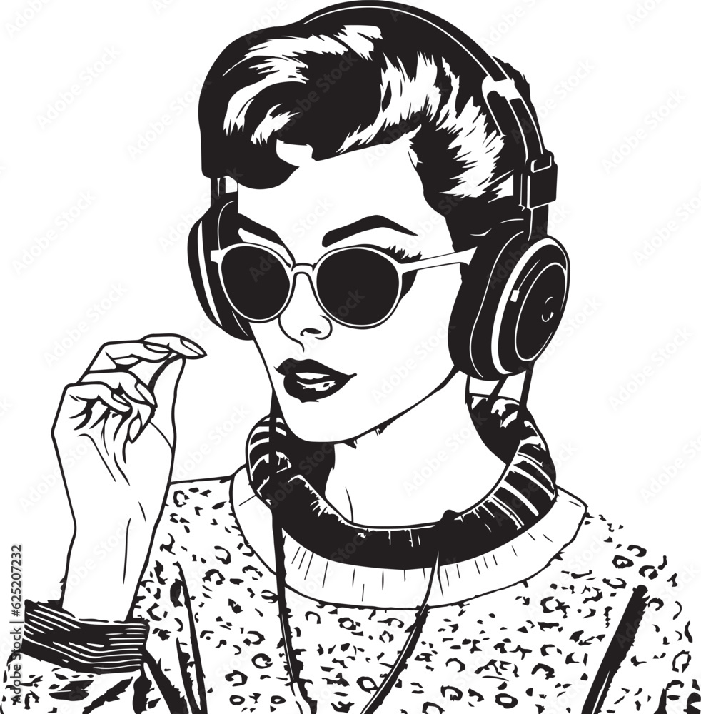 Vintage woman in a headphone 60s style young woman. Retro comics woman ...