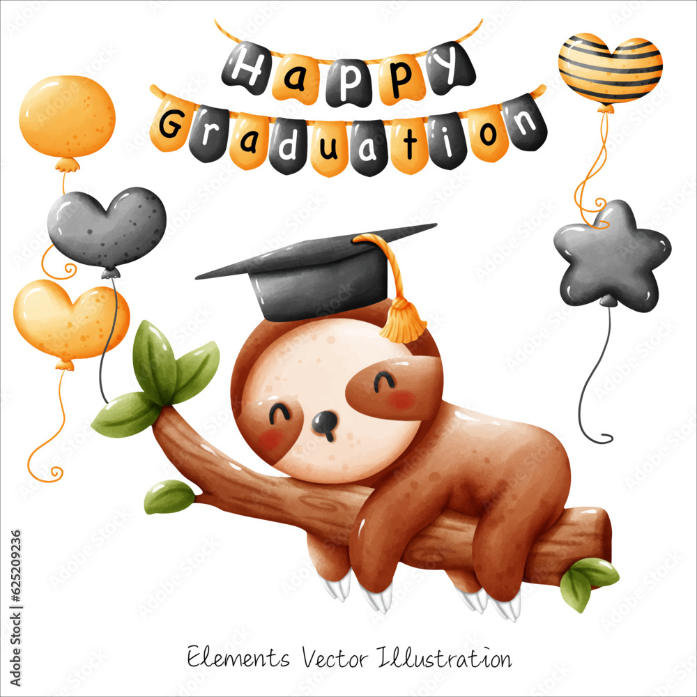 Cute Sloth Lazy Graduation Cap ,Balloons heart and Star Yellow Black ...
