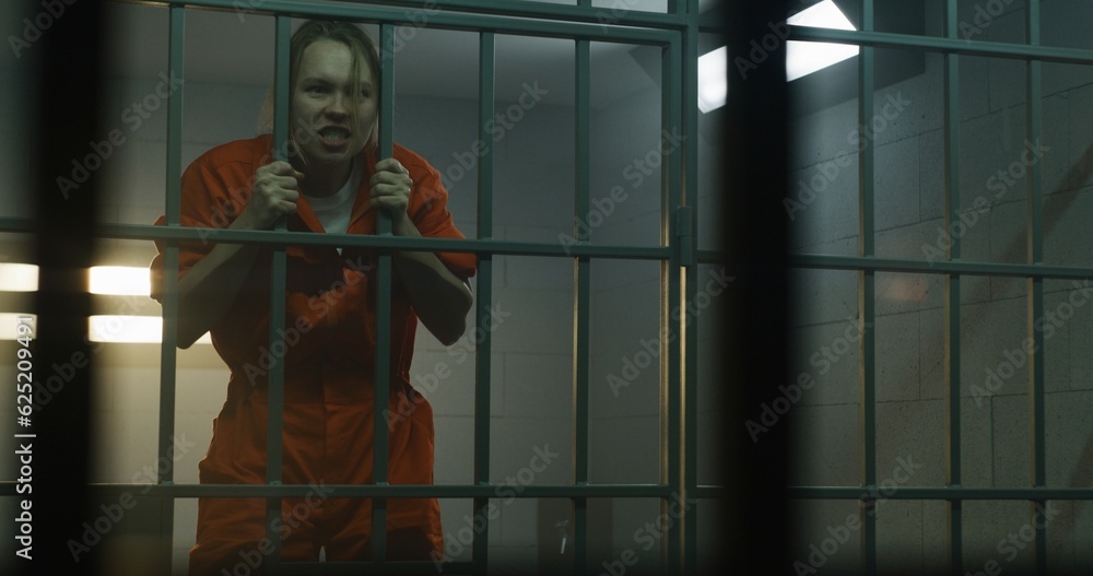 Photo & Art Print Insane female prisoner in orange uniform yells at ...