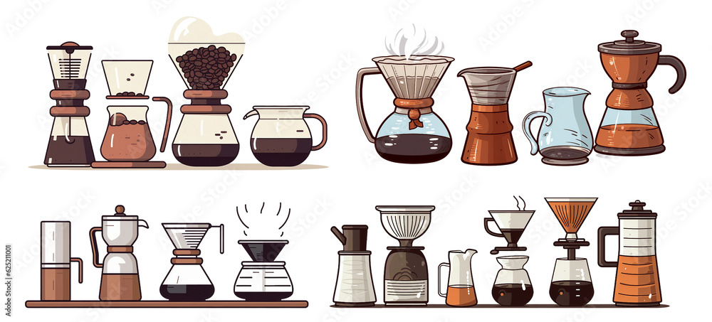 Coffee brewing equipment. Set of different types of drip coffee. Vector ...