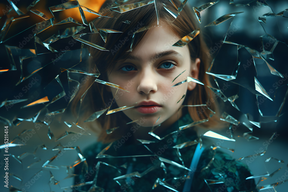 A young brunette short hair caucasian girl in dark green turtle neck ...