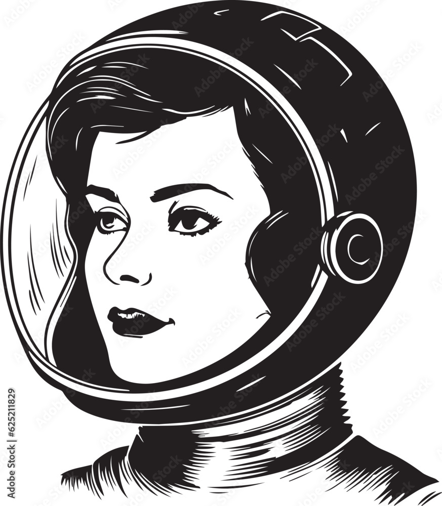 Vintage woman in a space suit 60s style young woman. Retro comics woman ...
