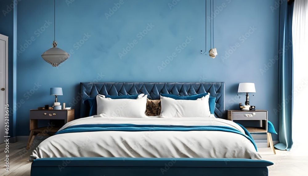 hotel room with bed, blue background, Blue wall ,AI generated Stock ...