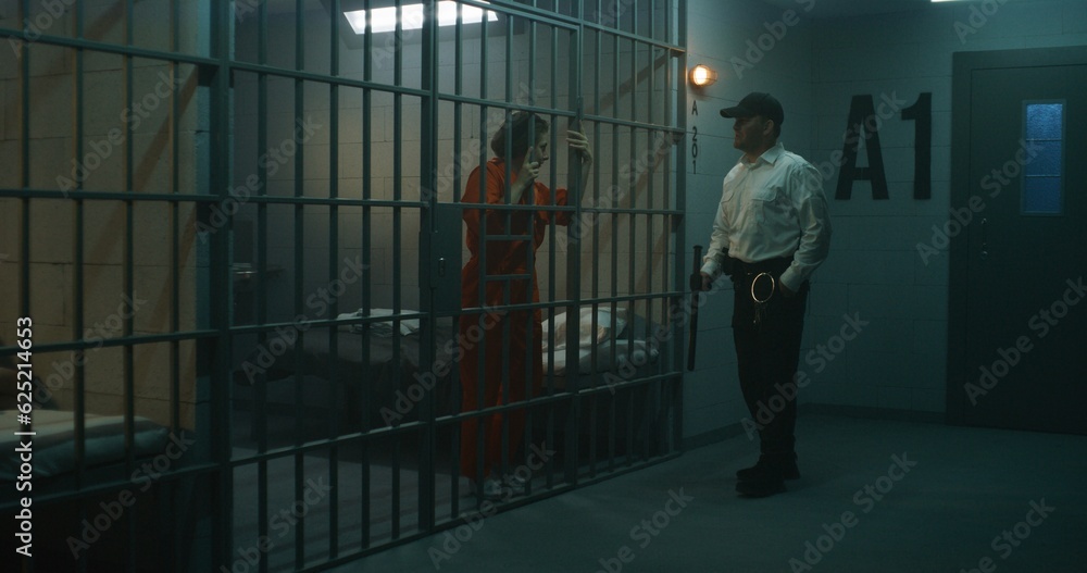 Jailer with police baton stands near prison cell, talks to female ...