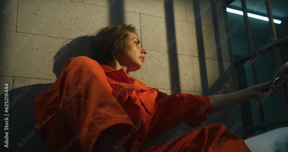Jailer gives phone to female prisoner. Woman criminal in orange uniform ...