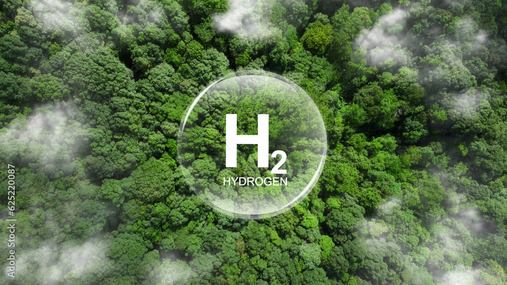 words H2 hydrogen in bubbles on a forest background.H2 hydrogen ...