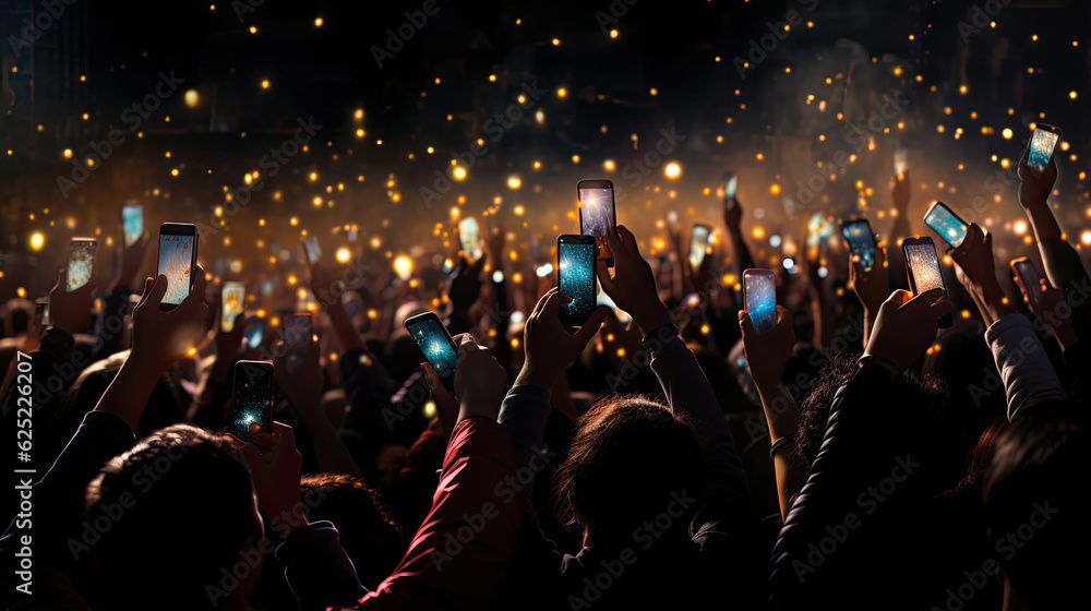A crowd of people at a live event, concert or party holding hands and ...