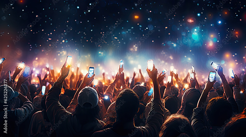 A crowd of people at a live event, concert or party holding hands and ...