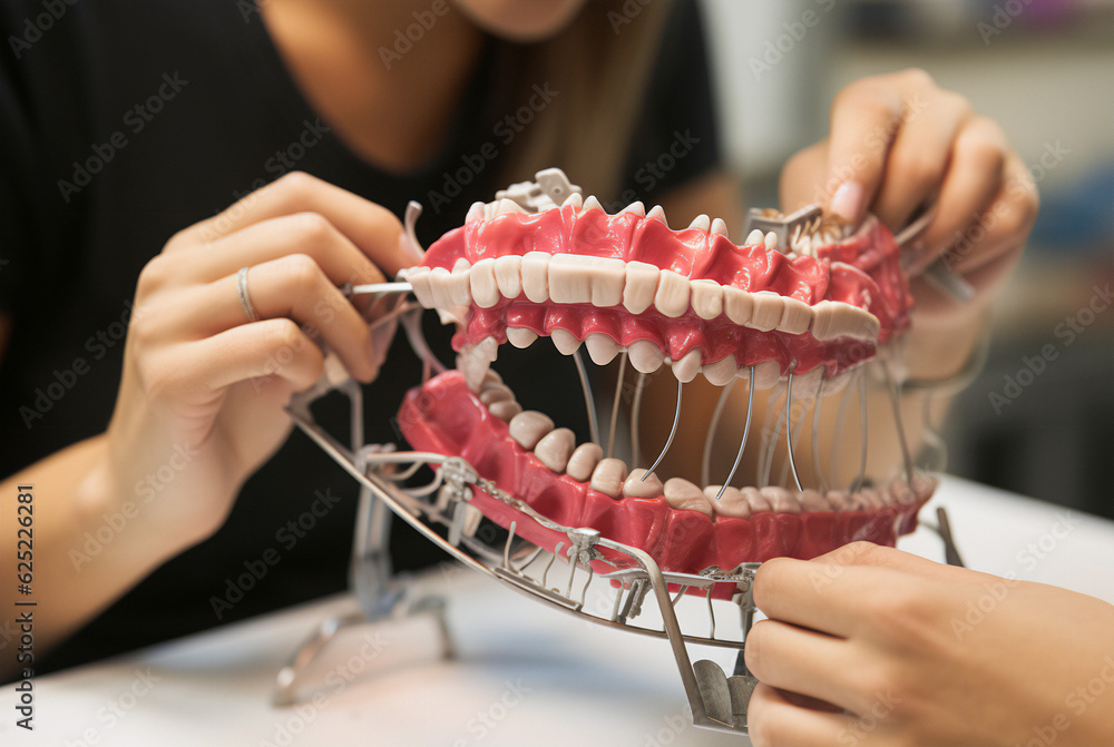 person placing braces on a dental model by placing her teeth in place ...