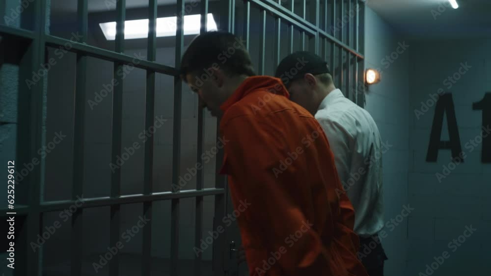 Prison officer opens prison cell. Male prisoner in orange uniform and ...