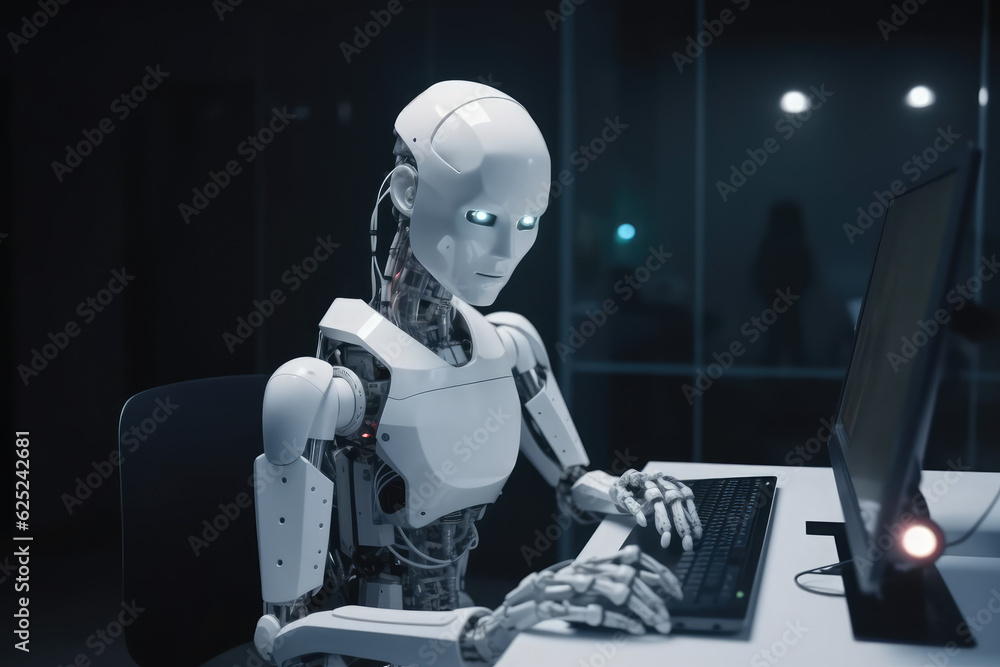 White Ai robot working and looking on monitor screen computer lab, high-tech artificial ...