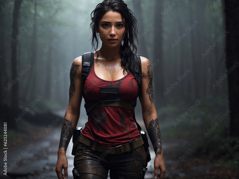 Futuristic beautiful mercenary woman walking in a dark wood, a tattered ...