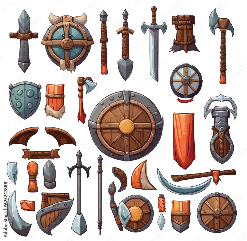 Fantasy game vector icon set, medieval UI game badge, wooden warrior ...