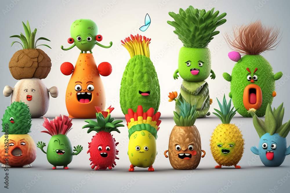 Vegetables and fruits character collection and icons funny stylized ...