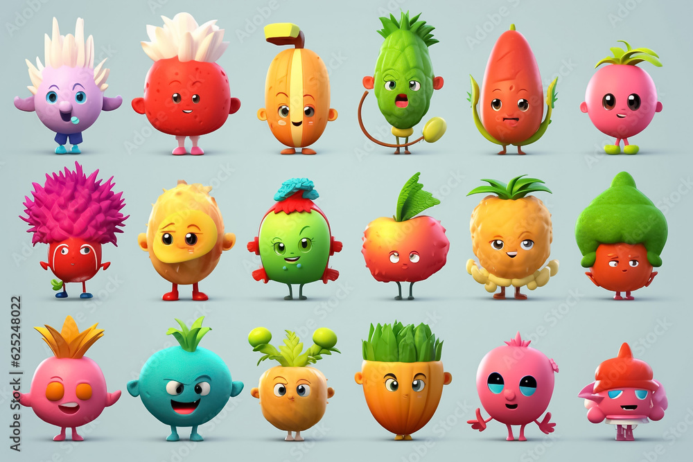 Vegetables and fruits character collection and icons funny stylized ...