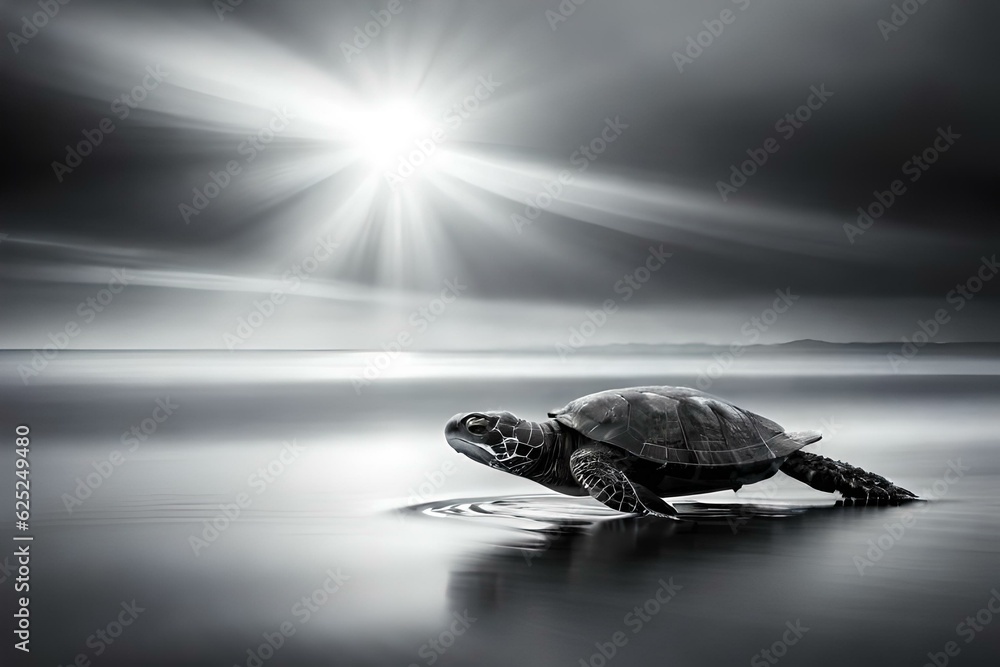 Turtle in Sea in Black and White, The graceful sea turtle glides ...